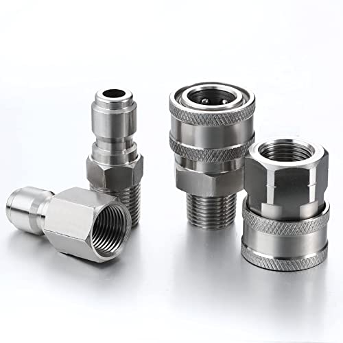 Hotop 4 Sets NPT 3/8 Inch Stainless Steel Male & Female Quick Connector Kit Pressure Washer Adapters Hose Quick Connector(Internal & External Thread)