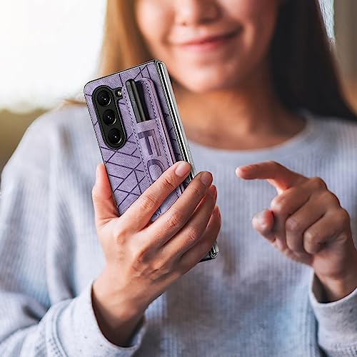 Bizzib for Samsung Galaxy Z Fold 5 Case, Leather TPU Slim Fit Shockproof Full Body Protective Cover with Flexible Grip Strap Compatible with Galaxy Z Fold 5-Purple