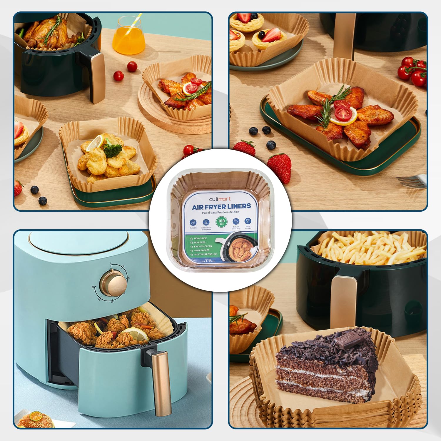 Culimart Premium Air Fryer Liners Disposable Paper Square 100 PCS Non-Stick Airfryer Parchment Sheets, Oil-Proof, Waterproof,fits 5 6 7 8 9 QT Basket Accessories Microwave Oven Liners