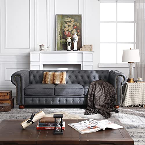 EMKK 88" Chesterfield Leather for Living Room,3 Seater Sofa Button Tufted Nailhead Trimming Rolled Arms with Wood Legs,Bedroom,Office, Dark Gray PU