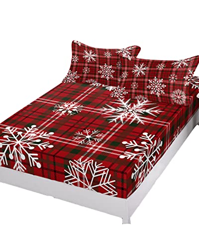 Christmas Fitted Bed Sheet Full Size,Winter Snowflake Soft Bottom Sheet with Pillow Case,Green Red Tartan Plaid Fitted Sheet Bedding Set for Mattress Fit 5"-16" Deep Pockets