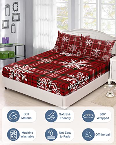 Christmas Fitted Bed Sheet Full Size,Winter Snowflake Soft Bottom Sheet with Pillow Case,Green Red Tartan Plaid Fitted Sheet Bedding Set for Mattress Fit 5"-16" Deep Pockets