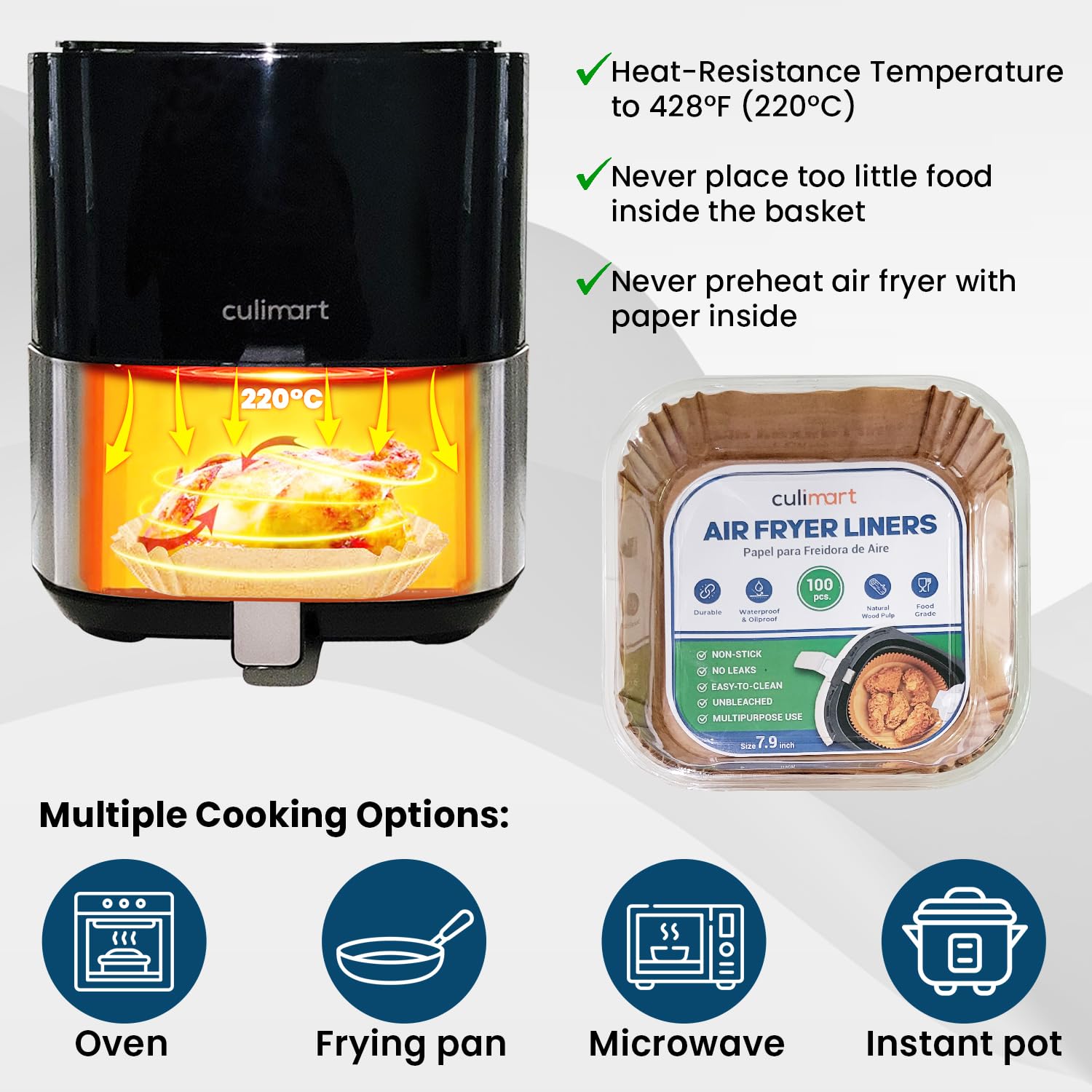 Culimart Premium Air Fryer Liners Disposable Paper Square 100 PCS Non-Stick Airfryer Parchment Sheets, Oil-Proof, Waterproof,fits 5 6 7 8 9 QT Basket Accessories Microwave Oven Liners