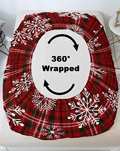 Christmas Fitted Bed Sheet Full Size,Winter Snowflake Soft Bottom Sheet with Pillow Case,Green Red Tartan Plaid Fitted Sheet Bedding Set for Mattress Fit 5"-16" Deep Pockets