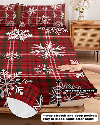 Christmas Fitted Bed Sheet Full Size,Winter Snowflake Soft Bottom Sheet with Pillow Case,Green Red Tartan Plaid Fitted Sheet Bedding Set for Mattress Fit 5"-16" Deep Pockets