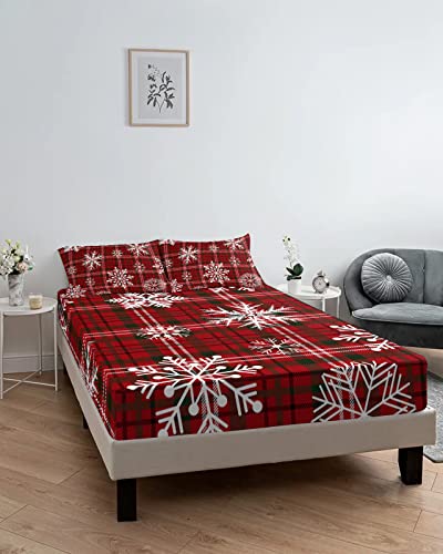 Christmas Fitted Bed Sheet Full Size,Winter Snowflake Soft Bottom Sheet with Pillow Case,Green Red Tartan Plaid Fitted Sheet Bedding Set for Mattress Fit 5"-16" Deep Pockets