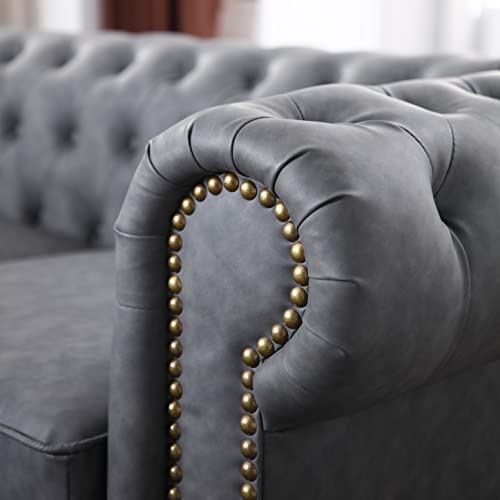 EMKK 88" Chesterfield Leather for Living Room,3 Seater Sofa Button Tufted Nailhead Trimming Rolled Arms with Wood Legs,Bedroom,Office, Dark Gray PU