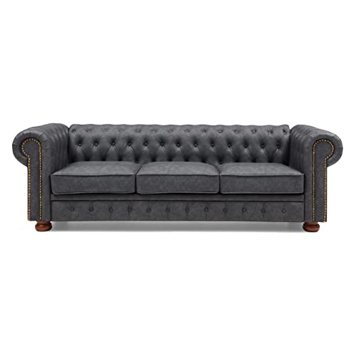 EMKK 88" Chesterfield Leather for Living Room,3 Seater Sofa Button Tufted Nailhead Trimming Rolled Arms with Wood Legs,Bedroom,Office, Dark Gray PU