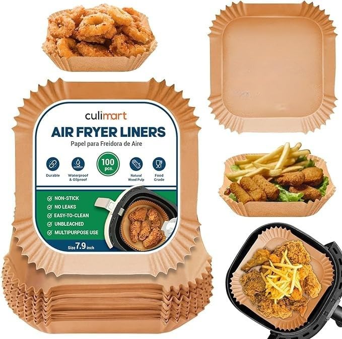 Culimart Premium Air Fryer Liners Disposable Paper Square 100 PCS Non-Stick Airfryer Parchment Sheets, Oil-Proof, Waterproof,fits 5 6 7 8 9 QT Basket Accessories Microwave Oven Liners