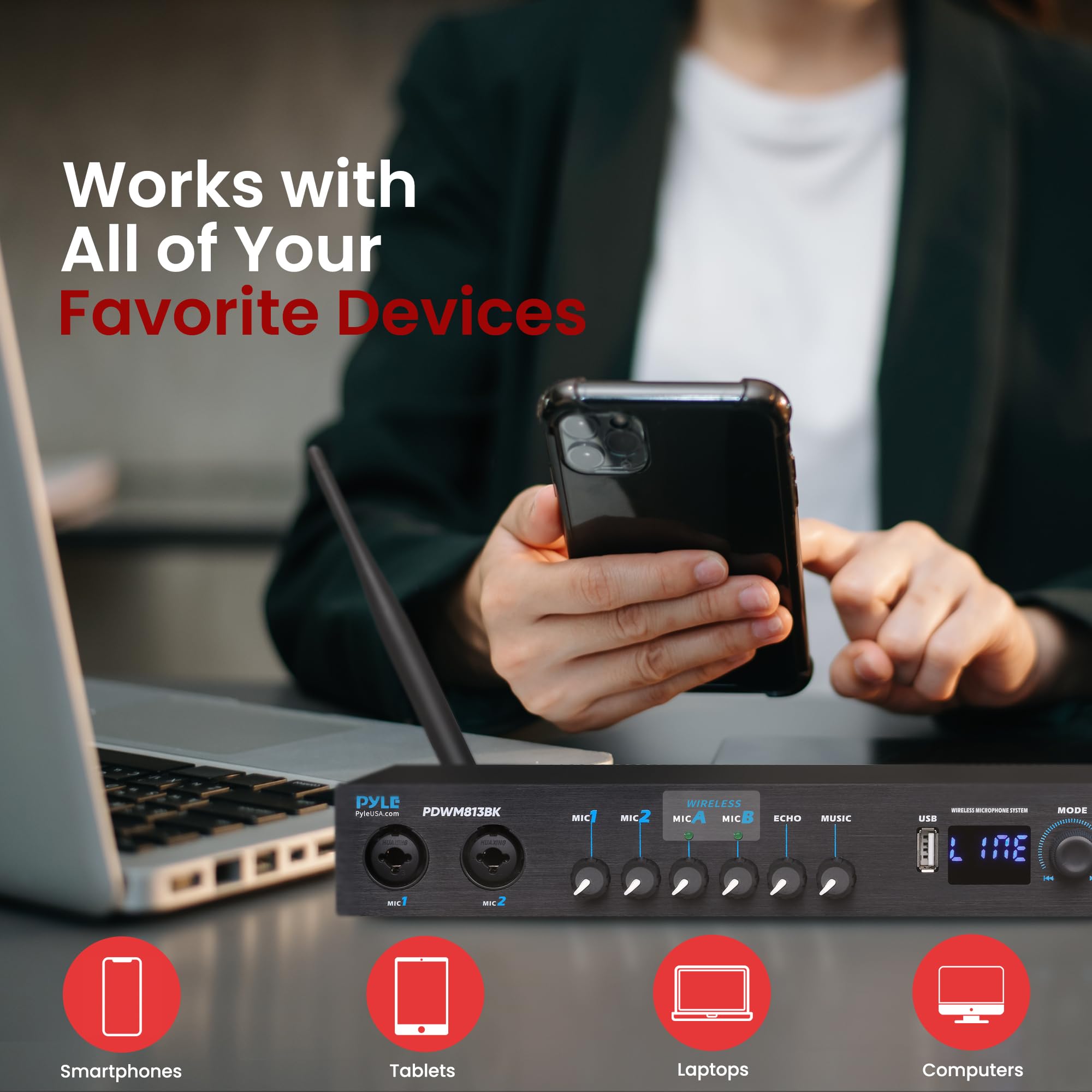 Pyle UHF Wireless Microphone System - Portable Digital Audio Sound Mixer Receiver w/Bluetooth, 2 Handheld Mic, Receiver Base, Addressable Frequency, Great for Home Karaoke & Professional Use, Black