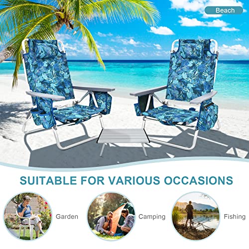 GYMAX Beach Chairs, 2Pcs Backpack Beach Chairs with Table, Tanning Lounge Chair with Armrest, Cooler Bag, Cup Holder, Towel Bar & Side Pockets, Folding Lounger Layout Chairs (Blue Leaves, with Table)