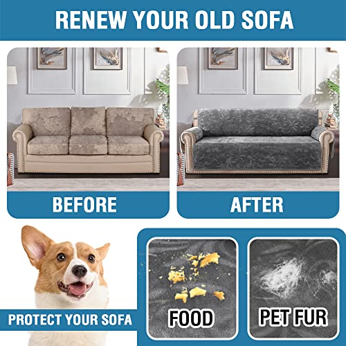 Sofa Slipcover 100% Waterproof Sofa Cover Couch Cover Premium Velvet Classic Flower Pattern Furniture Protector Non Slip with Elastic Straps for Pets Dogs Width Up to 72 Inch (Large Sofa, Grey)
