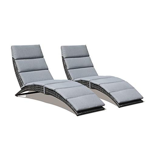 JOIVI Patio Chaise Lounge, Outdoor Lounge Chair, PE Rattan Foldable Chaise Lounger with Removable Light Gray Cushion, Suitable for Poolside, Garden, Balcony 2 Pack