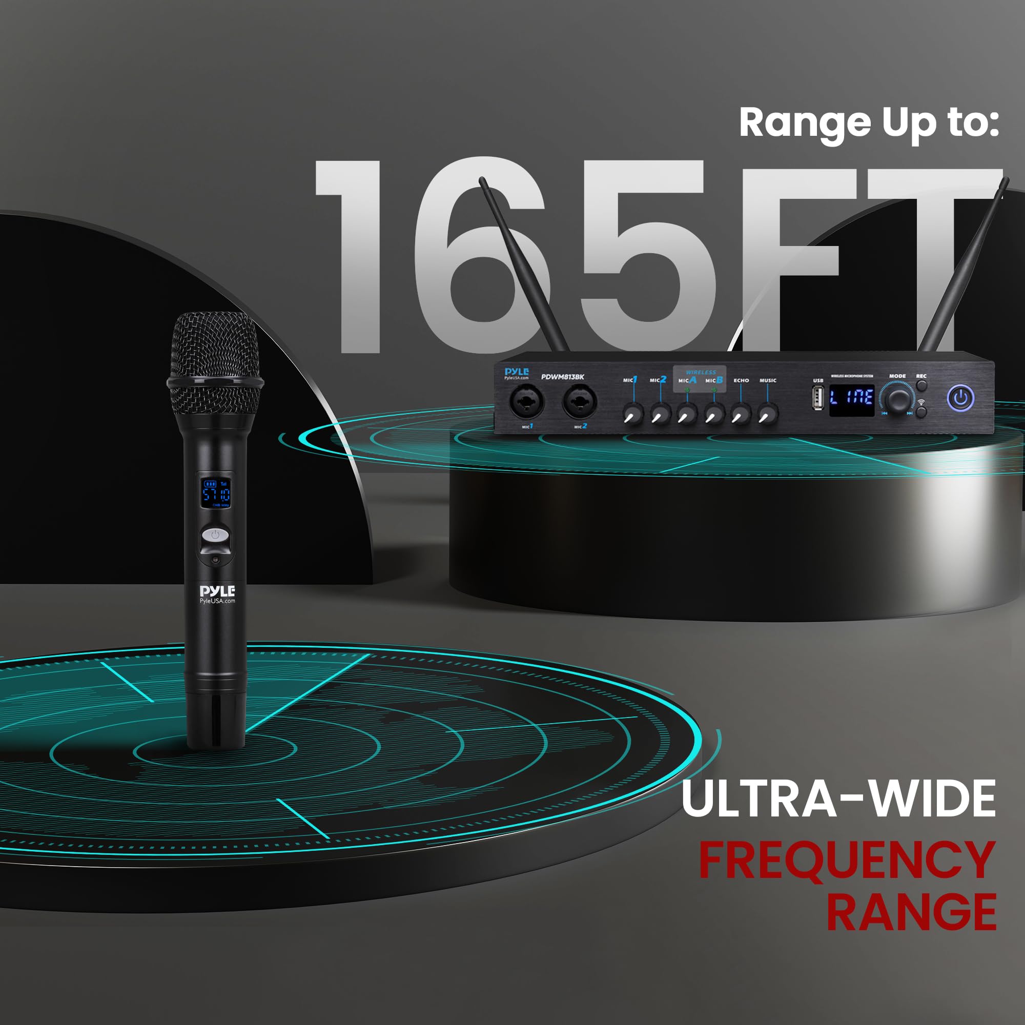 Pyle UHF Wireless Microphone System - Portable Digital Audio Sound Mixer Receiver w/Bluetooth, 2 Handheld Mic, Receiver Base, Addressable Frequency, Great for Home Karaoke & Professional Use, Black