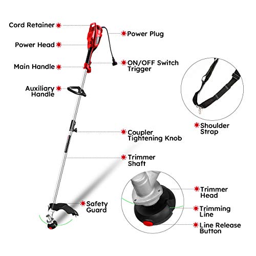 LawnMaster Red Edition GT1644 Electric String Trimmer 10 Amp 16-Inch Corded Grass Trimmer Lightweight with Shoulder Strap