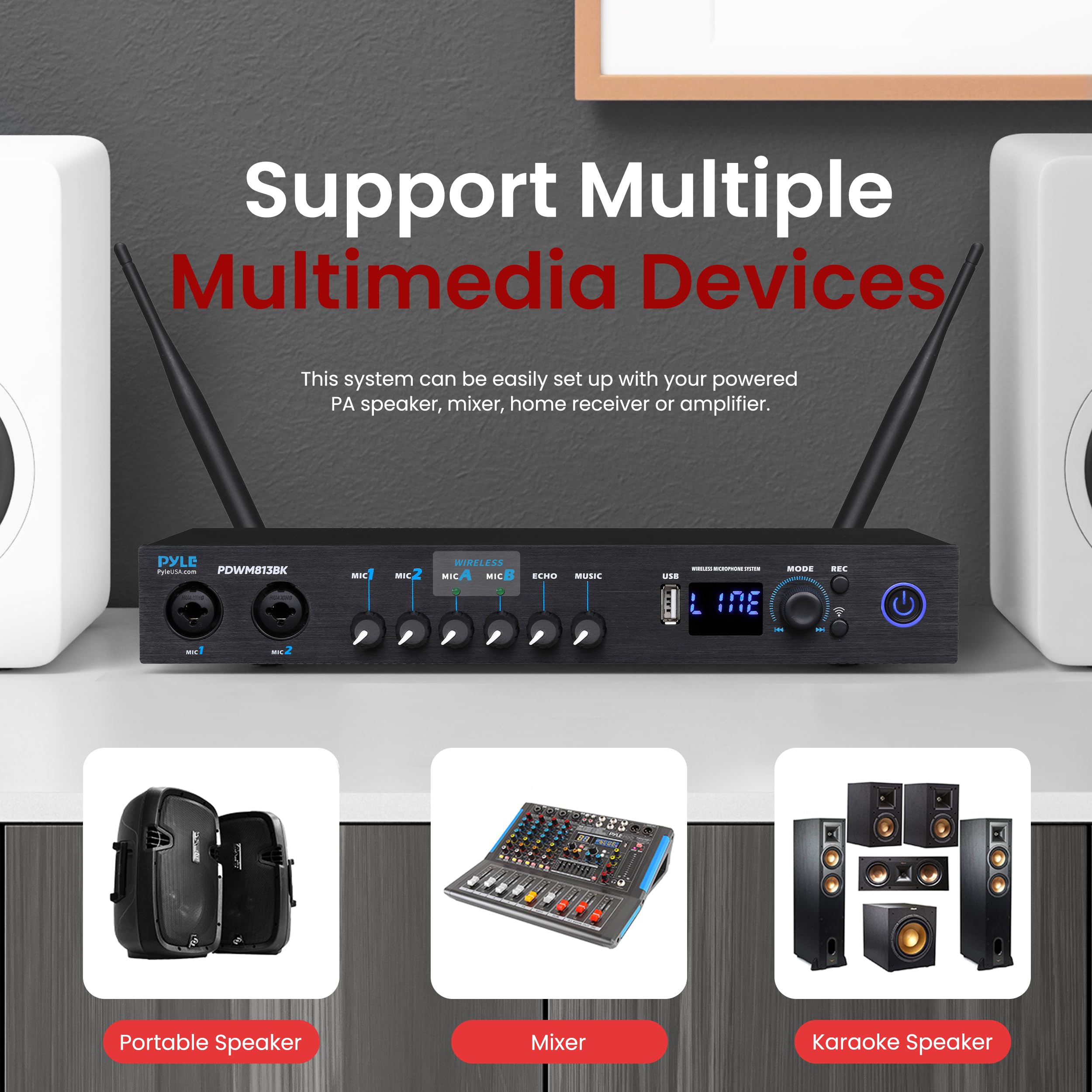 Pyle UHF Wireless Microphone System - Portable Digital Audio Sound Mixer Receiver w/Bluetooth, 2 Handheld Mic, Receiver Base, Addressable Frequency, Great for Home Karaoke & Professional Use, Black