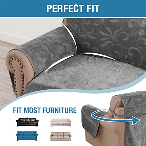 Sofa Slipcover 100% Waterproof Sofa Cover Couch Cover Premium Velvet Classic Flower Pattern Furniture Protector Non Slip with Elastic Straps for Pets Dogs Width Up to 72 Inch (Large Sofa, Grey)