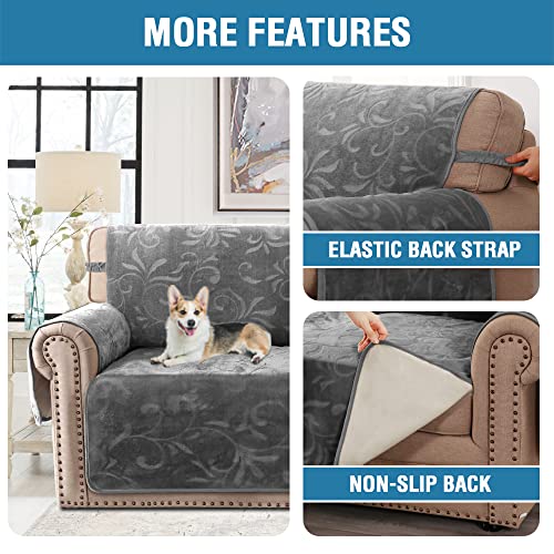 Sofa Slipcover 100% Waterproof Sofa Cover Couch Cover Premium Velvet Classic Flower Pattern Furniture Protector Non Slip with Elastic Straps for Pets Dogs Width Up to 72 Inch (Large Sofa, Grey)