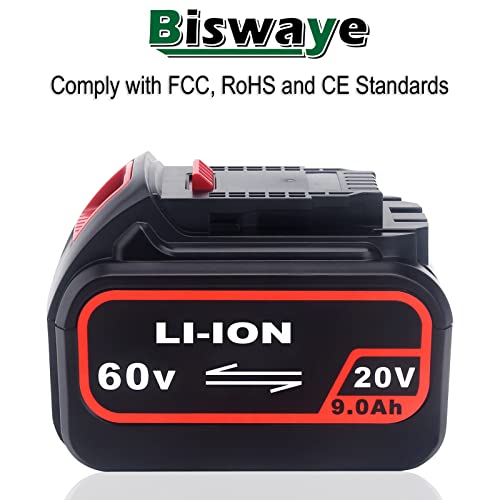 Biswaye 9.0Ah Battery DCB609 Replacement for DEWALT 20V/60V 120V MAX XR Lithium-Ion Battery DCB606 DCB609 DCB612 DCB203 DCB204 DCB207 DCB206 DCB201