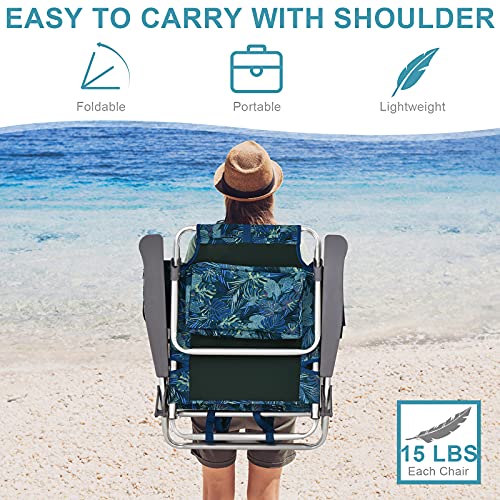 GYMAX Beach Chairs, 2Pcs Backpack Beach Chairs with Table, Tanning Lounge Chair with Armrest, Cooler Bag, Cup Holder, Towel Bar & Side Pockets, Folding Lounger Layout Chairs (Blue Leaves, with Table)