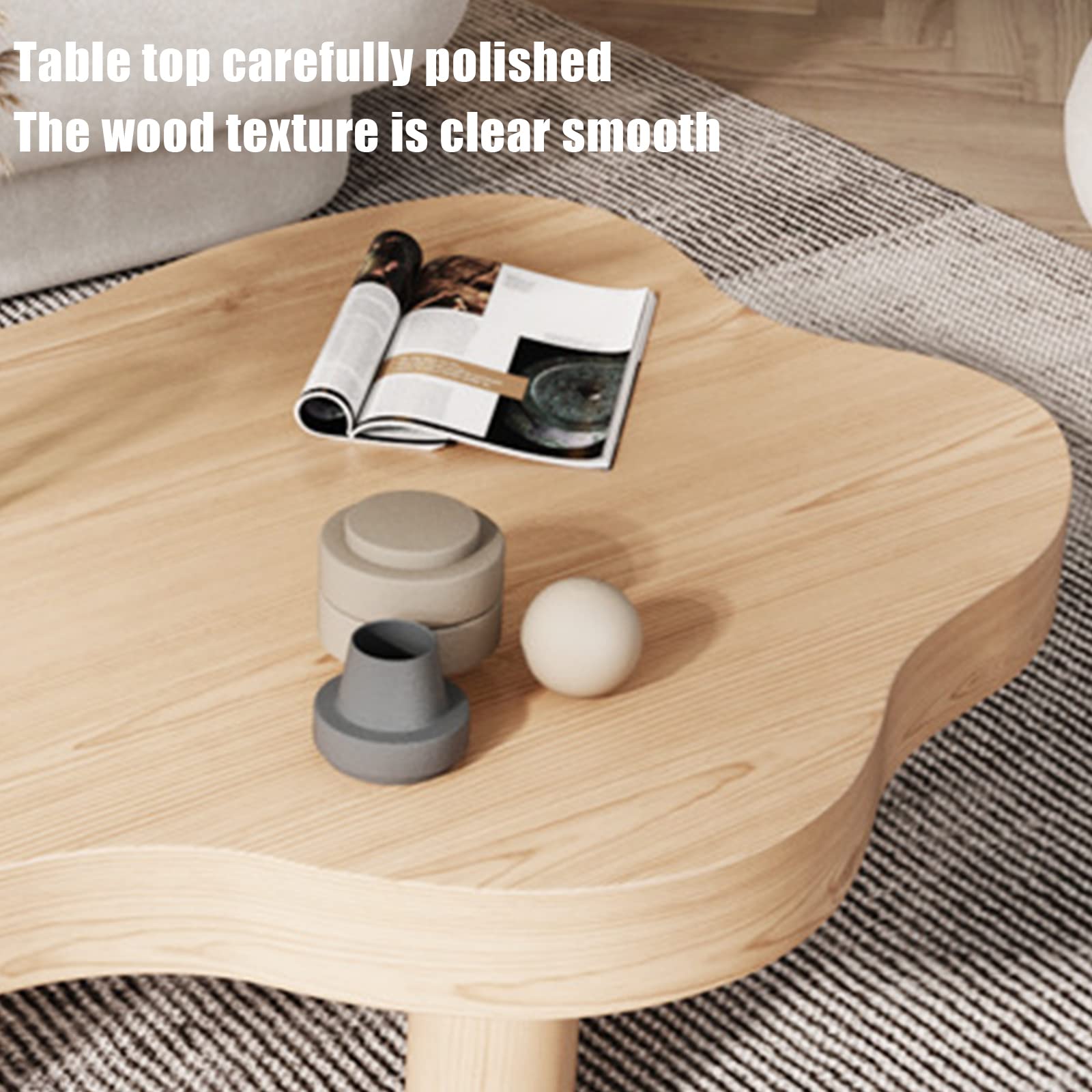 HM&DX Cloud Shape Irregular Wood Coffee Table,Round Corner Thicken End Table,Cute Accent Modern Coffee Cocktail Table with 3 Legs for Living Room Furniture(27.5" Lx18 Wx16 H, Natural)