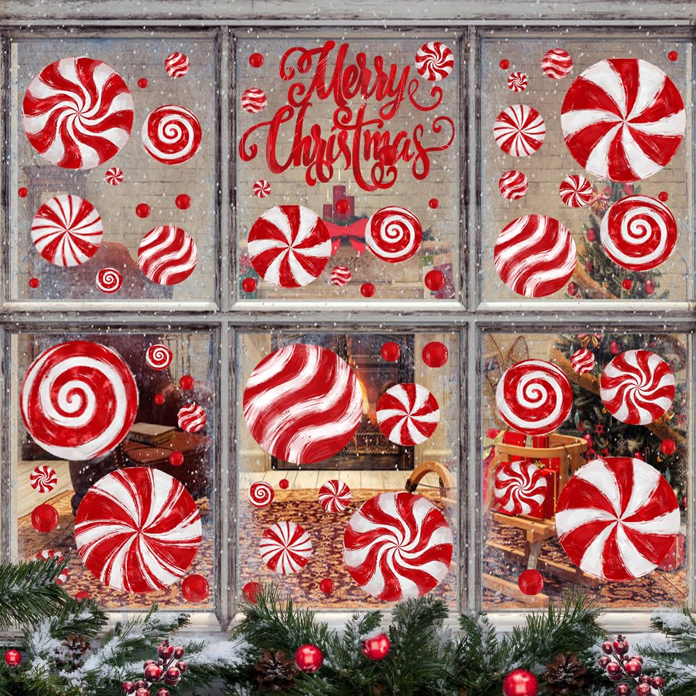 DULEFUN 8 Sheets Christmas Window Clings, Candy Window Decals Oil Painting Christmas Red Candy Stickers for Xmas Home Office School Decor Winter Glass Window Decoration