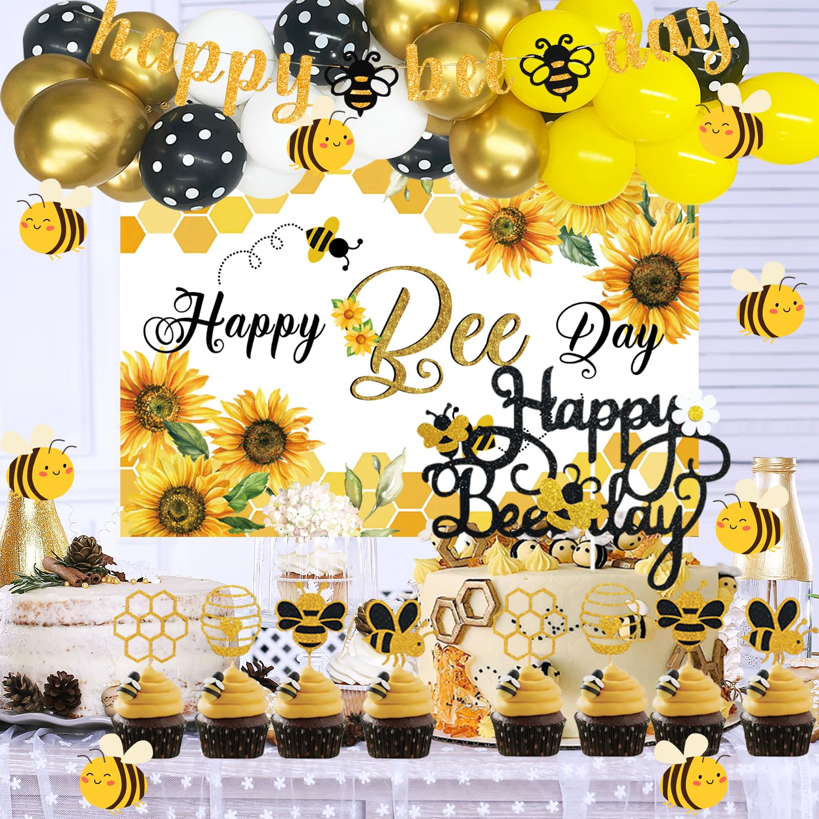 158 PCs Bee Party Decorations, Hombae Happy Bee Day Themed Birthday Party Decorations Backdrop Balloon Garland Banner Tablecloth Cake Cupcake Toppers Cutout Honey Bumble Bee Yellow Black