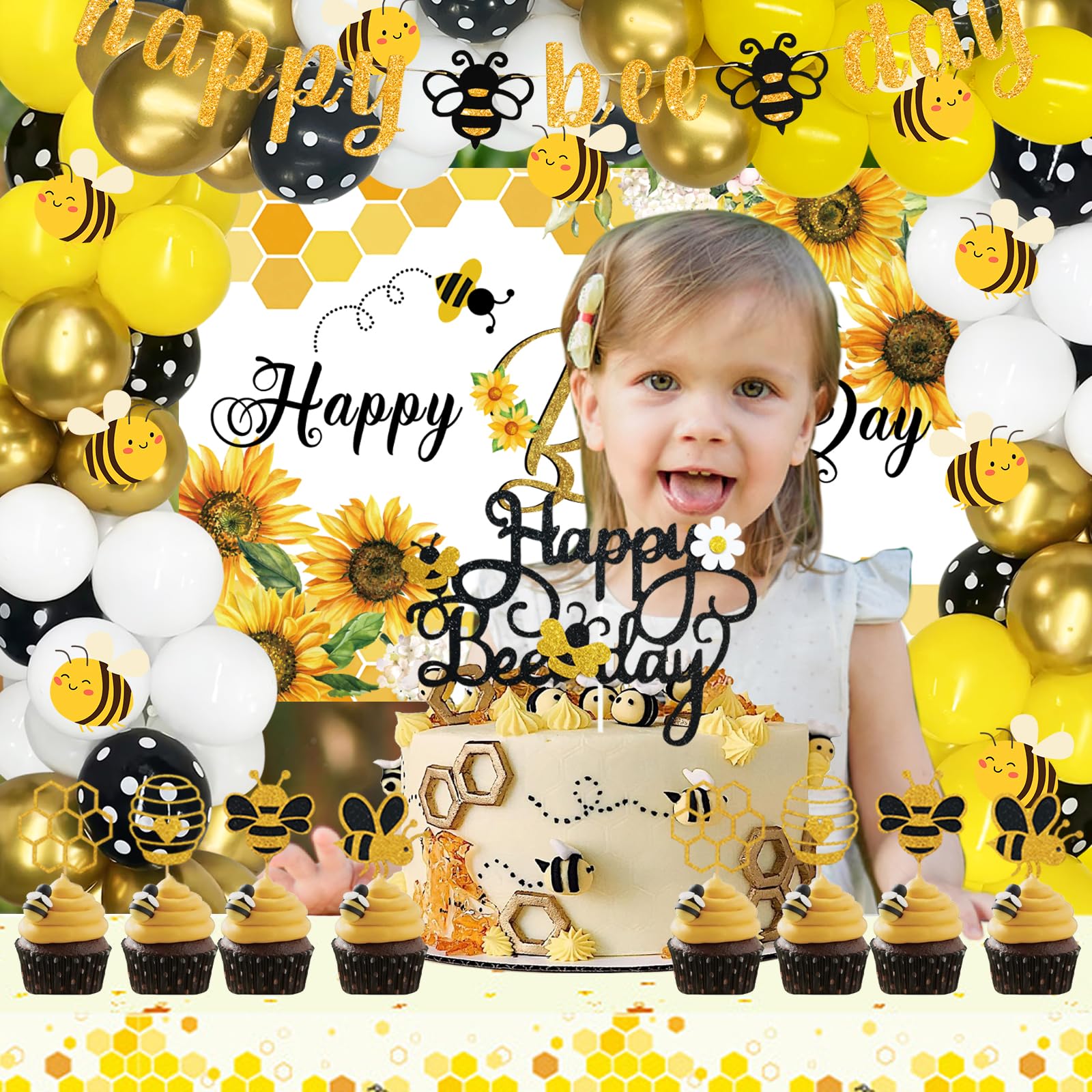 158 PCs Bee Party Decorations, Hombae Happy Bee Day Themed Birthday Party Decorations Backdrop Balloon Garland Banner Tablecloth Cake Cupcake Toppers Cutout Honey Bumble Bee Yellow Black