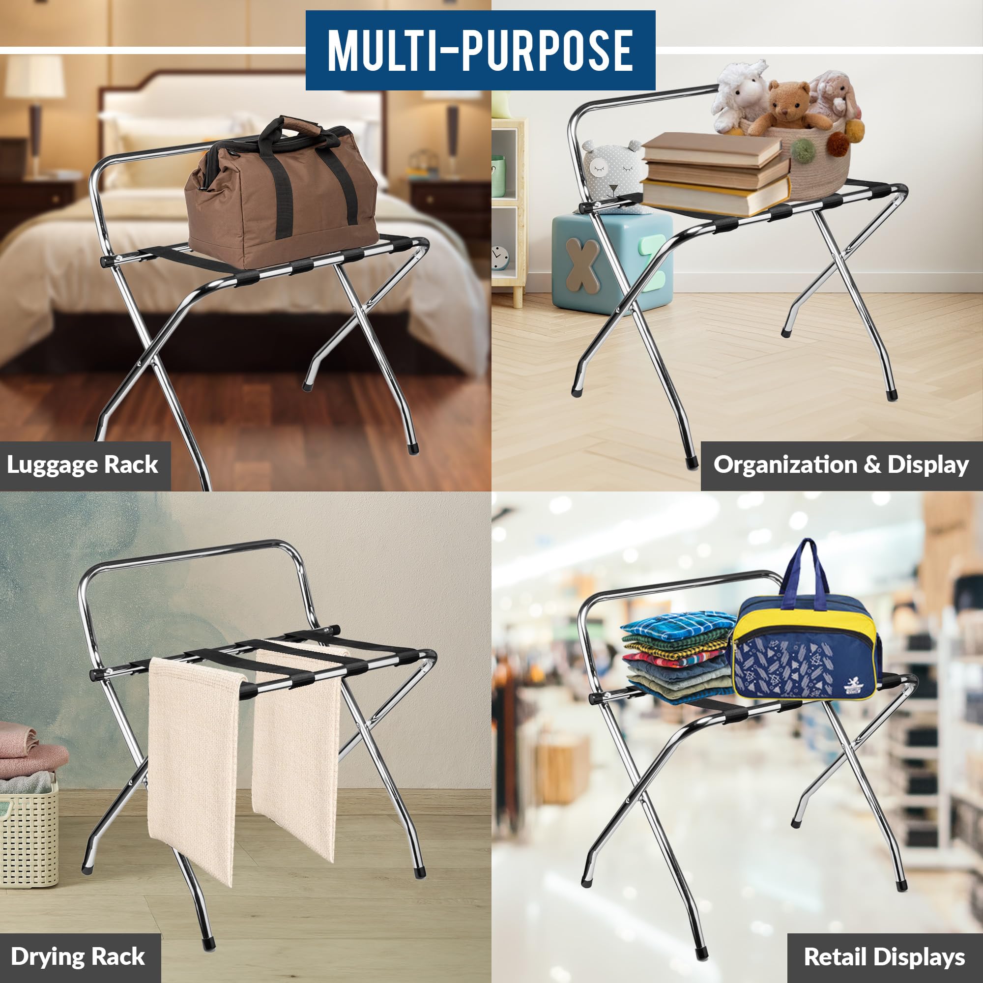 USTECH Luggage Rack-Single Tier with High Back, Pack of 1, Chrome, Self Asssembly, Foldable Rack for Guest Room