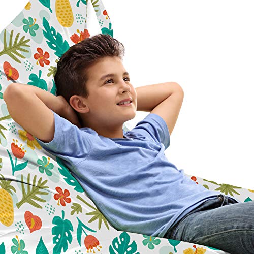 Lunarable Pineapple Lounger Chair Bag, Hawaiian Hibiscus Monstera and Palm Leaves Hand Drawn Summer Season Elements, High Capacity Storage with Handle Container, Lounger Size, Multicolor
