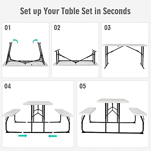 Tangkula Folding Picnic Table with 2 Benches, Outdoor Metal Camping Table Set with Plastic Wood-Like Texture Tabletop & Steel Frame, Foldable Camping Table for Picnic, Party, BBQ (White)