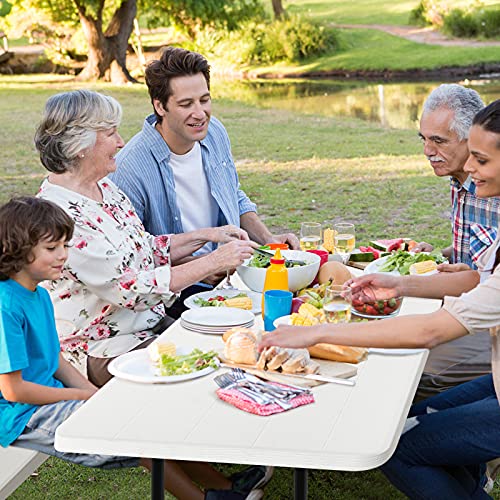 Tangkula Folding Picnic Table with 2 Benches, Outdoor Metal Camping Table Set with Plastic Wood-Like Texture Tabletop & Steel Frame, Foldable Camping Table for Picnic, Party, BBQ (White)