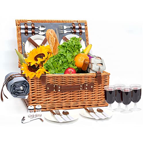 Wicker Picnic Basket for 4 Persons with Waterproof Picnic Blanket,Picnic Set for Family with Insulated Cooler Compartment Utensils,Wedding Gifts for Couples Unique