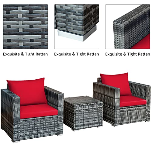 SAWQF 3 PC Patio Rattan Furniture Bistro Set Cushioned Sofa Chair Table Red