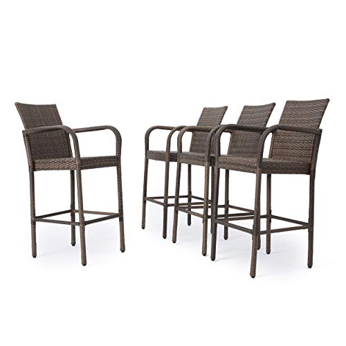 Christopher Knight Home Delfina Outdoor Wicker Barstools with Iron Frame, 4-Pcs Set, Mix Mocha