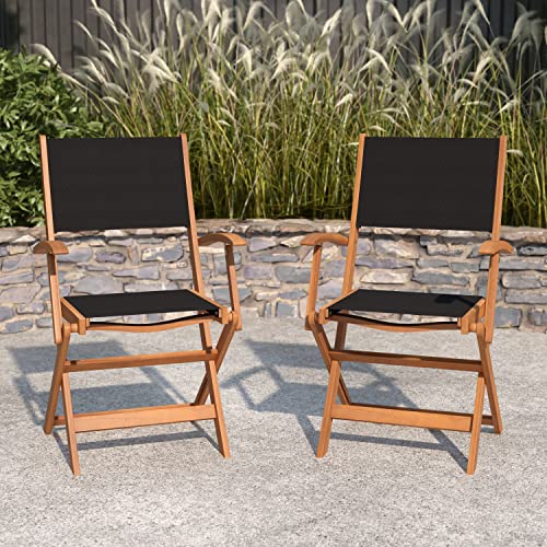Merrick Lane Stora Set of 2 Indoor/Outdoor Acacia Wood Folding Patio Bistro Armchairs with Black Textilene Mesh Back and Seat, Natural