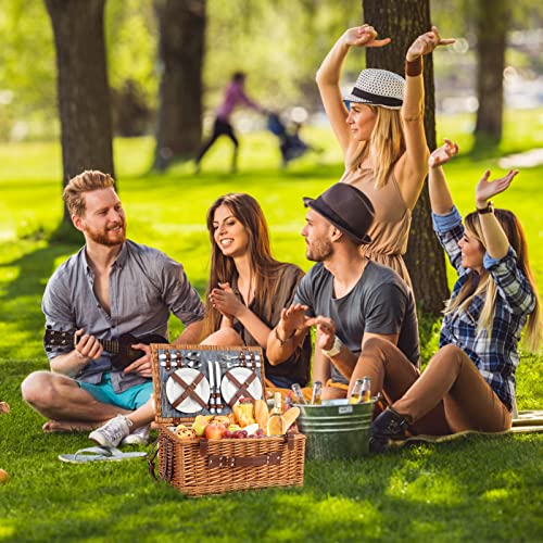 Wicker Picnic Basket for 4 Persons with Waterproof Picnic Blanket,Picnic Set for Family with Insulated Cooler Compartment Utensils,Wedding Gifts for Couples Unique
