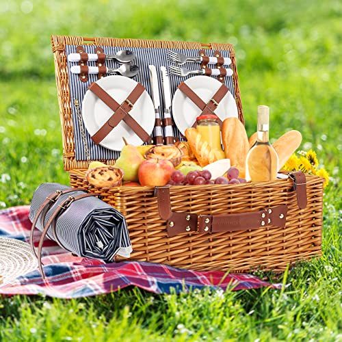 Wicker Picnic Basket for 4 Persons with Waterproof Picnic Blanket,Picnic Set for Family with Insulated Cooler Compartment Utensils,Wedding Gifts for Couples Unique