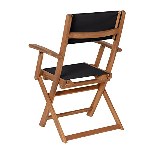 Merrick Lane Stora Set of 2 Indoor/Outdoor Acacia Wood Folding Patio Bistro Armchairs with Black Textilene Mesh Back and Seat, Natural