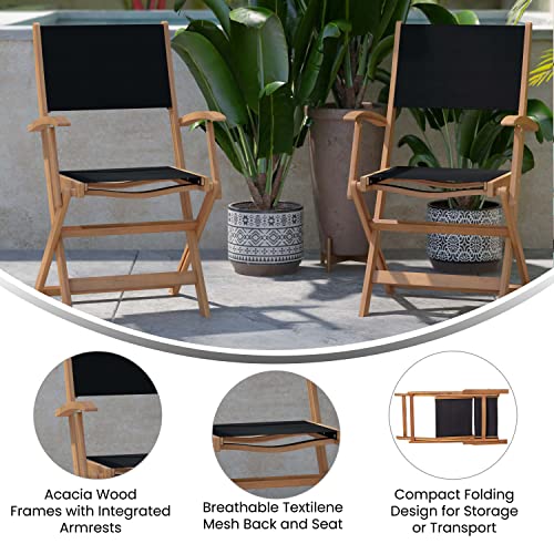 Merrick Lane Stora Set of 2 Indoor/Outdoor Acacia Wood Folding Patio Bistro Armchairs with Black Textilene Mesh Back and Seat, Natural