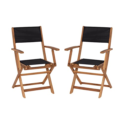 Merrick Lane Stora Set of 2 Indoor/Outdoor Acacia Wood Folding Patio Bistro Armchairs with Black Textilene Mesh Back and Seat, Natural