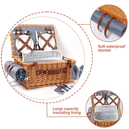 Wicker Picnic Basket for 4 Persons with Waterproof Picnic Blanket,Picnic Set for Family with Insulated Cooler Compartment Utensils,Wedding Gifts for Couples Unique