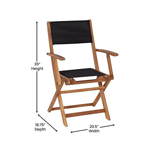 Merrick Lane Stora Set of 2 Indoor/Outdoor Acacia Wood Folding Patio Bistro Armchairs with Black Textilene Mesh Back and Seat, Natural