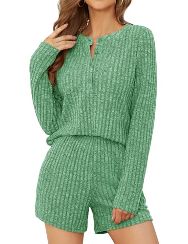 Micoson Womens Pajama Sets Fuzzy Long Sleeve Loungewear Soft Knit Button Top and Shorts 2 Piece Pj Set Sweatsuits for Gift Holiday Green M