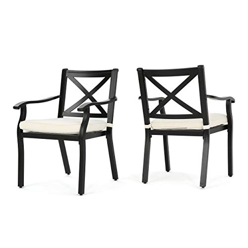 Christopher Knight Home Exuma Outdoor Cast Aluminum Dining Chairs with Water Resistant Cushions, 2-Pcs Set, Black / Ivory