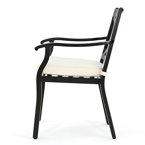 Christopher Knight Home Exuma Outdoor Cast Aluminum Dining Chairs with Water Resistant Cushions, 2-Pcs Set, Black / Ivory