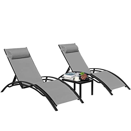 LUKEO 3Pcs Sun Lounger Recliner Set Aluminum Chaise Lounges,Reclining Chair with 5 Adjustable Backrest, Head Cushion, Table for Garden