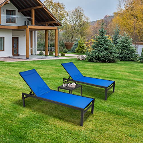 LYMJARD Patio Chaise Lounge 3 Pcs Aluminum Lounge Chair Sets Outdoor 5 Position Adjustable, All Weather for Pool Beach Patio Backyard Lawn and Garden,Side Table Included (Blue Textilene)