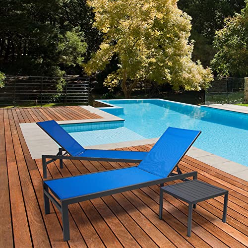 LYMJARD Patio Chaise Lounge 3 Pcs Aluminum Lounge Chair Sets Outdoor 5 Position Adjustable, All Weather for Pool Beach Patio Backyard Lawn and Garden,Side Table Included (Blue Textilene)
