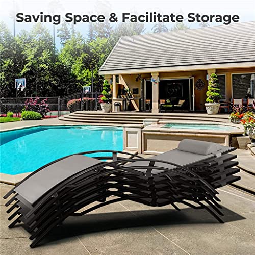 LUKEO 3Pcs Sun Lounger Recliner Set Aluminum Chaise Lounges,Reclining Chair with 5 Adjustable Backrest, Head Cushion, Table for Garden
